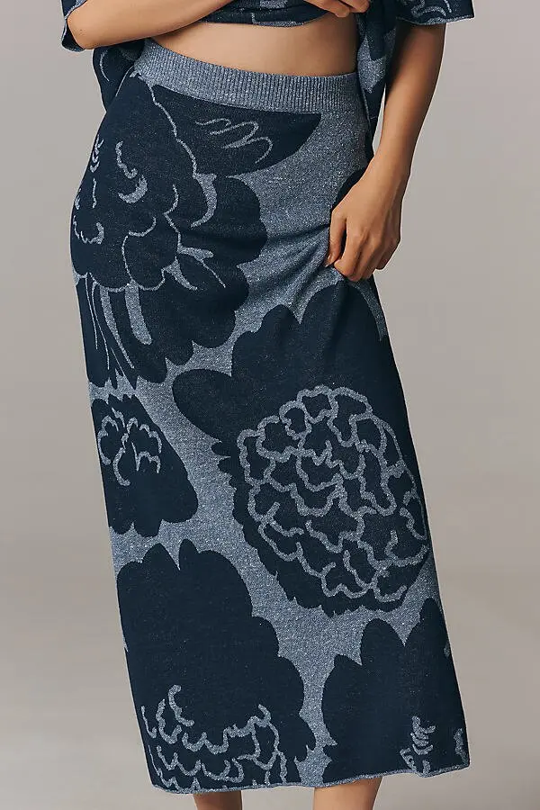 Marimekko Sivellys Pioni Knit Midi Skirt - Dark Navy | Editorialist